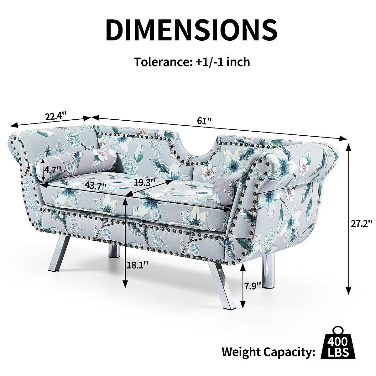 TMEOSK 61”Velvet Loveseat Accent Couch Sofa with 2 Pillows, Modern Upholstered Sleeper Sofa with Removable Cushion and Nailhead Trimming for Living Room Bedroom Apartment (Flower)