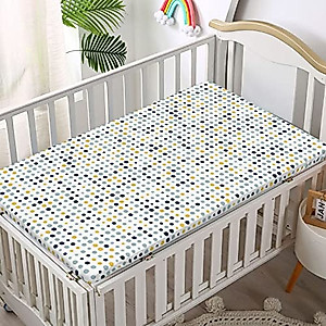Polka Dot Themed Fitted Mini Crib Sheets,Portable Mini Crib Sheets Soft Toddler Mattress Sheet Fitted-Baby Sheet for Boys Girls,24“ x38“,Dark Slate Blue Mustard Pale Blue Grey White