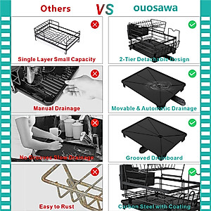 ouosawa Dish Drying Rack with Drainboard, Stainless Steel 2 Tier Large Dish Racks for Kitchen Counter, Detachable Dish Strainer Rack with Cup Holder, Utensil Holder & Cutting-Board Holder, Black