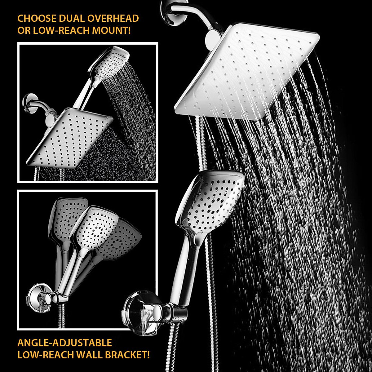 HotelSpa 10.5-in Rain Shower Head/Handheld Combo. Convenient Push-Button Flow Control Button for easy one-handed operation. Switch flow settings with the same hand! Low-Reach Bracket included