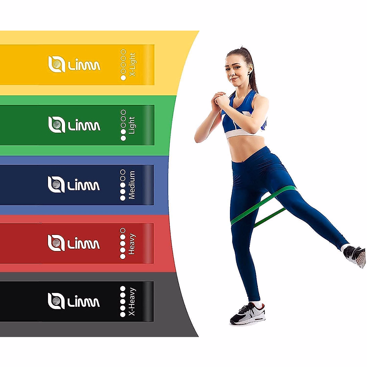Limm Resistance Loop Exercise Bands - Set of 5 Stretch Bands for Working Out with Instruction Guide & Carry Bag - Elastic Band for Home Workout & Physical Therapy for Women and Men 12" x 2"