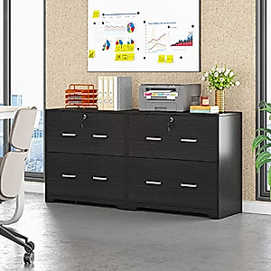 LITTLE TREE Lateral File Cabinet with 2 Drawers, 31.5 Inches Large Filing Cabinet for Hanging Letter/Legal/F4/A4 Size Files with Lock, Home Office, Black