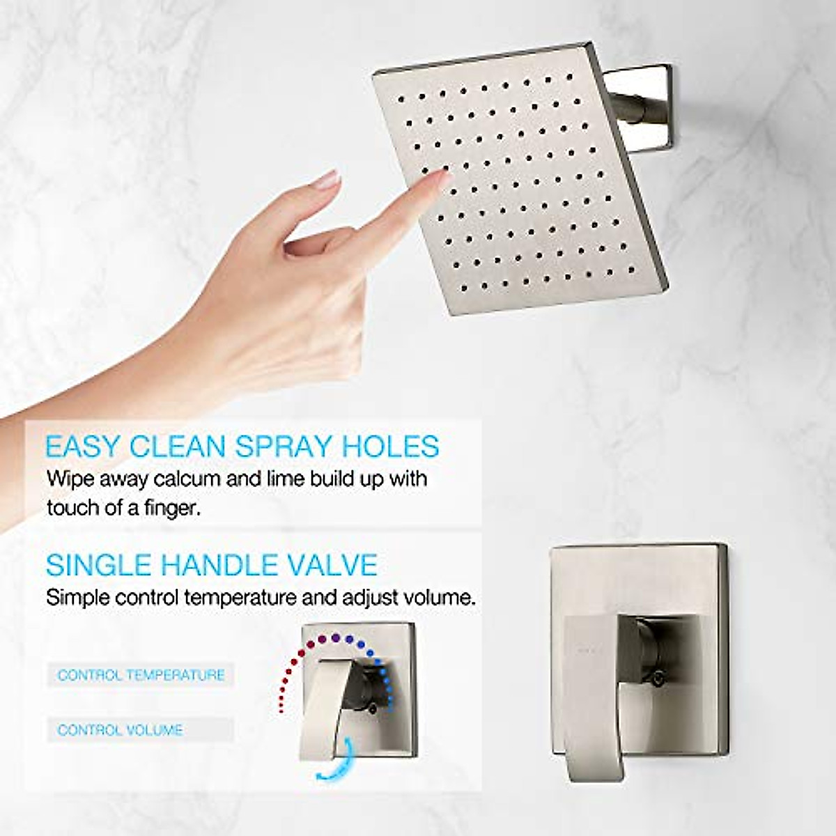 SOKA Shower Faucet Set with 8 Inch Rainfall Shower Head Bathroom Rainfall Shower System Single Function Shower Trim Kit with Rough-In Valve Pressure Balance Square Shower Head Brushed Nickel