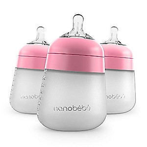 Nanobébé Flexy Silicone Baby Bottle, Anti-Colic, Natural Feel, Non-Collapsing Nipple, Non-Tip Stable Base, Easy to Clean, 3-Pack, Pink, 9oz