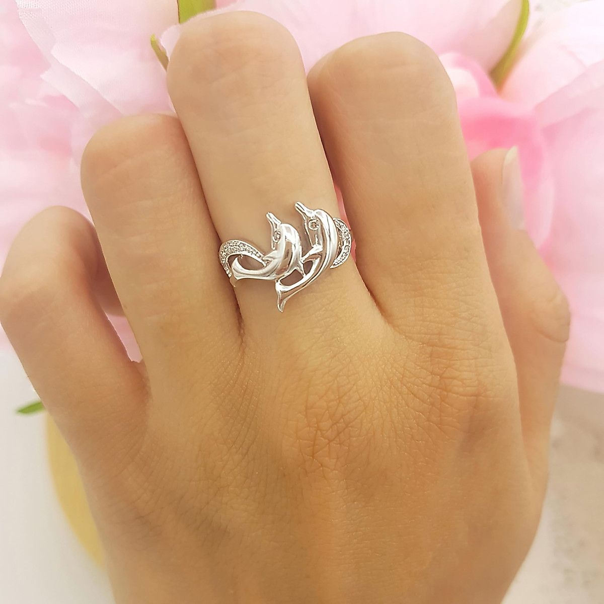 Dazzlingrock Collection 0.07 Carat (ctw) Round White Diamond Ladies Cocktail Right Hand Dolphin Ring | 925 Sterling Silver, Size 6