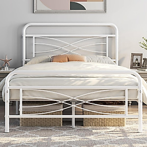 Yaheetech Queen Metal Bed Frame with Criss-Cross Design, Ample Underbed Storage Space, Heavy Duty Slat Support, No Box Spring Needed, White