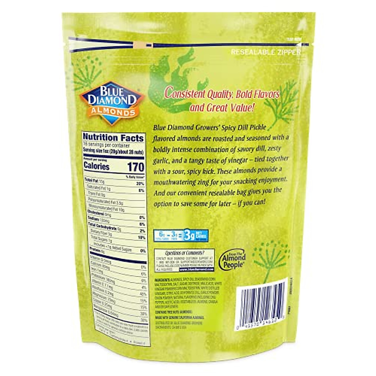 Blue Diamond Almonds, Spicy Dill Pickle, 16oz Bag
