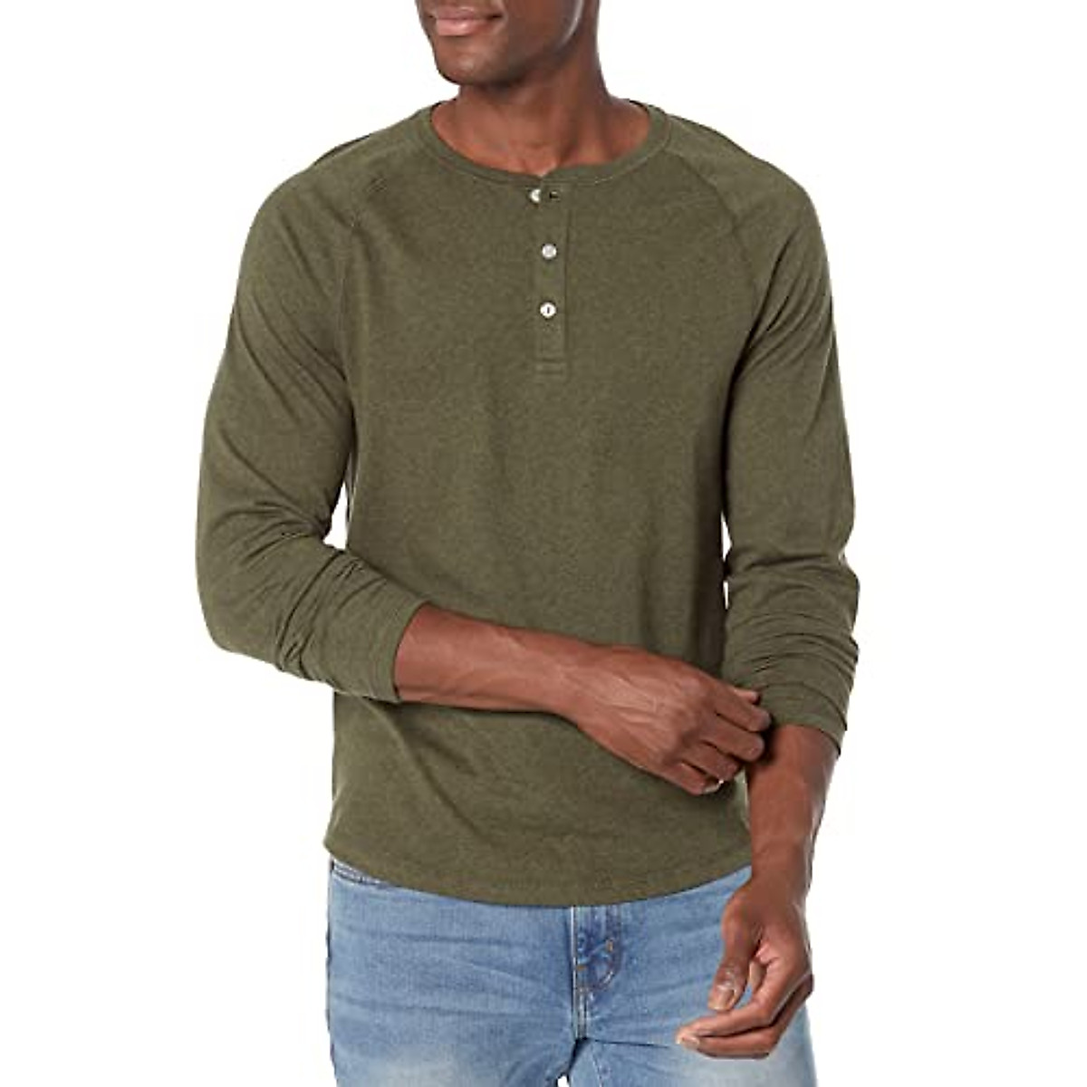 Amazon Essentials Men's Slim-Fit Long-Sleeve Henley Shirt, Olive Heather, Medium