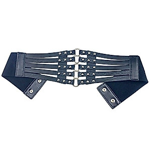 Fashion Women's PU Leather Wide Waist Belt Hollow Out Rivets Stretch Cinch Waistband, Black, Small(27''-29'')