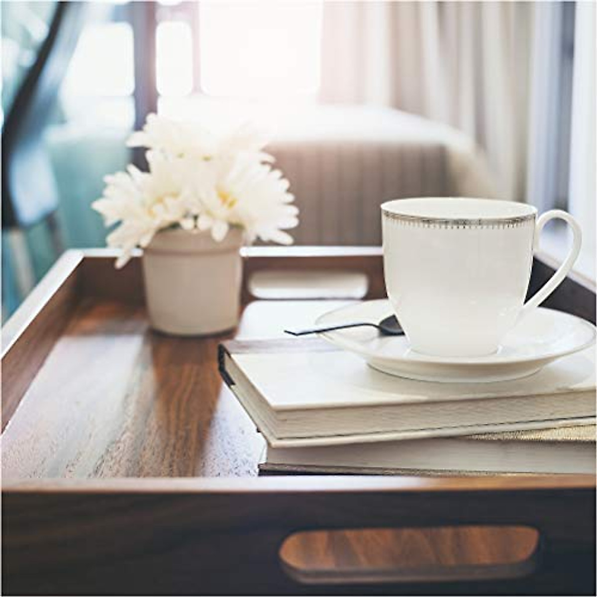 Large Ottoman Tray | 19 x 19 inches Oversized Square Solid Black Walnut Wooden Table Serving Tray | with Handles - Durable - Sleek Design for Coffee, Tea, Breakfast Platter, Decorative