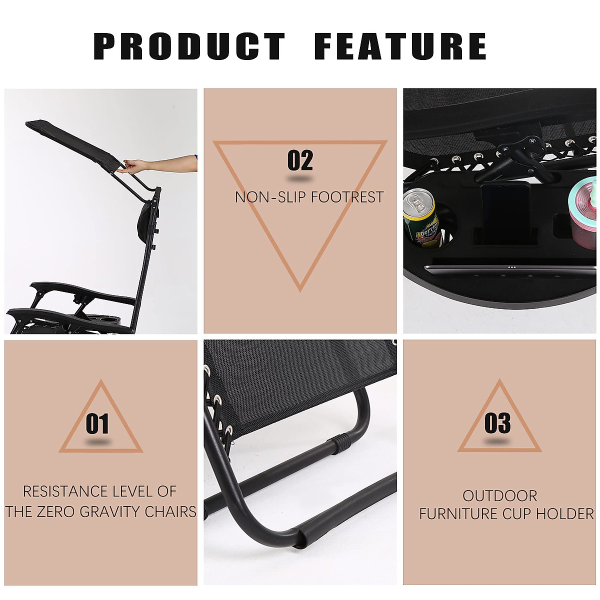 FDW 2 PCS Zero Gravity Chair Lounge Chairs Patio Chairs with Canopy Cup Holder for Outdoor Patio Seaside (Black)