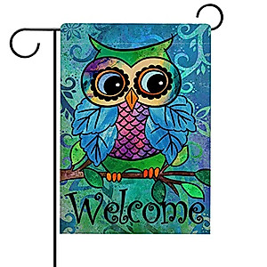 Hzppyz Welcome Summer Owl Bird Garden Flag, Blue Abstract Tree Branch Home Decorative House Yard Outdoor Decoration Sign, Spring Farmhouse Vintage Outside Decor Small Burlap Flag Double Sided 12x18