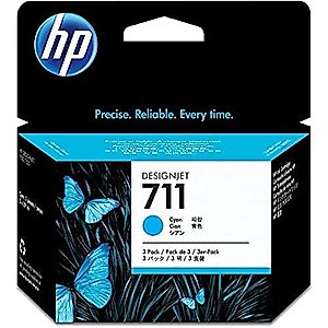 HP 711 Cyan 29-ml 3-Pack Genuine Ink Cartridges (CZ134A) for DesignJet T530, T525, T520, T130, T125, T120 & T100 Large Format Plotter Printers