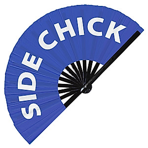 Side Chick hand fan foldable bamboo circuit hand fan funny gag slang words expressions statement gifts Festival accessories Rave handheld Circuit event fan Clack fans (Blue)