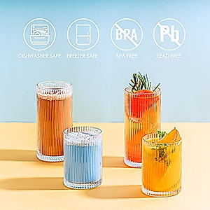 Combler Glass Cups with Straws, Drinking Glasses 12.5oz, Ribbed Glassware Set of 4, Iced Coffee Cup, Coffee Bar Accessories, Vintage Glassware Sets for Beer Smoothie Whiskey Cocktail Glasses, Gifts