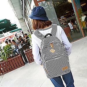 Ahyapiner Striped Canvas Backpack Shoulder Bag Women Casual Travel Daypack Black