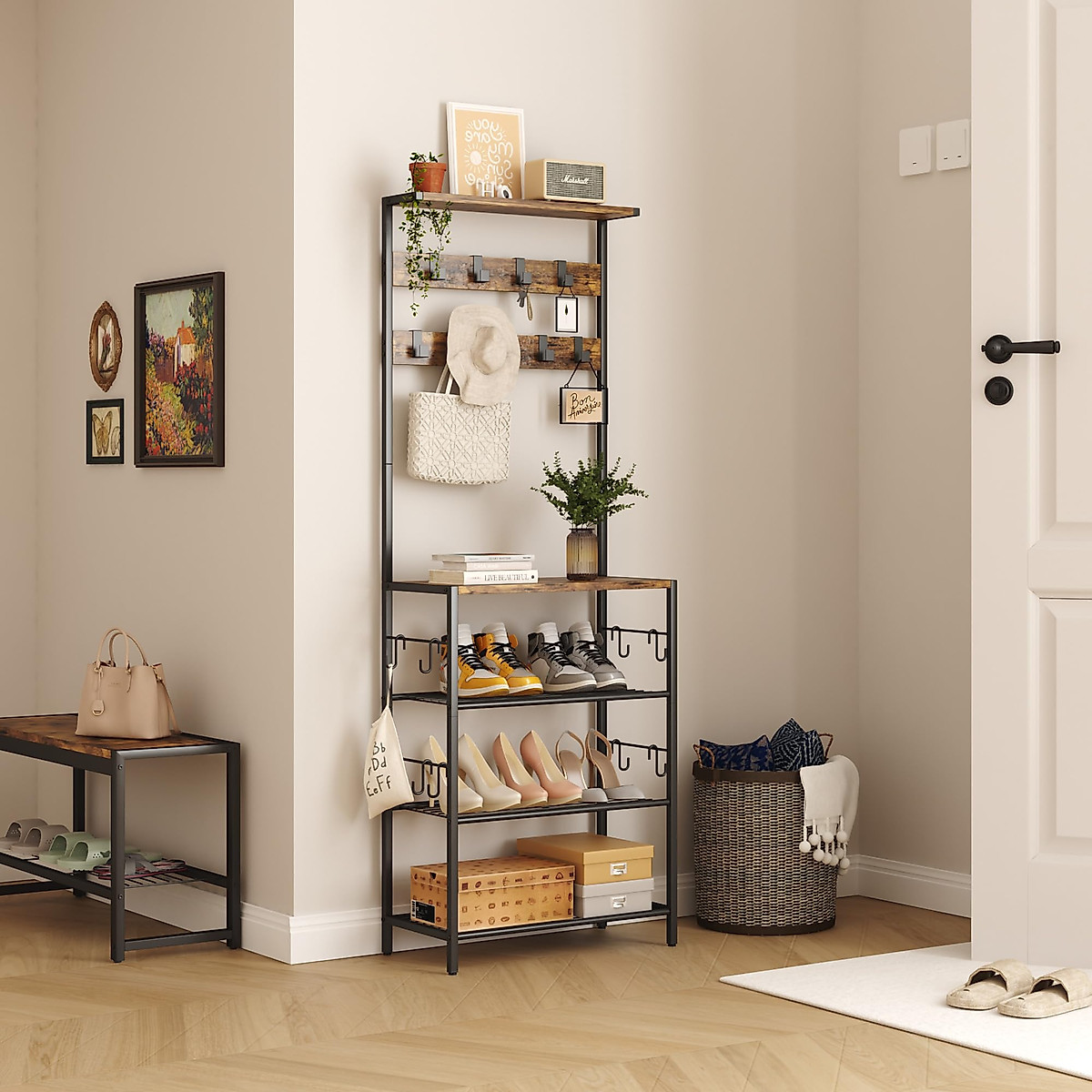 HOMEFORT Coat Rack with Shoe Storage, 5-Tier Shoe and Coat Rack with 9 Clothes Hooks, Freestanding Hall Tree Organizer for Entryway, Bedroom, Rustic Brown