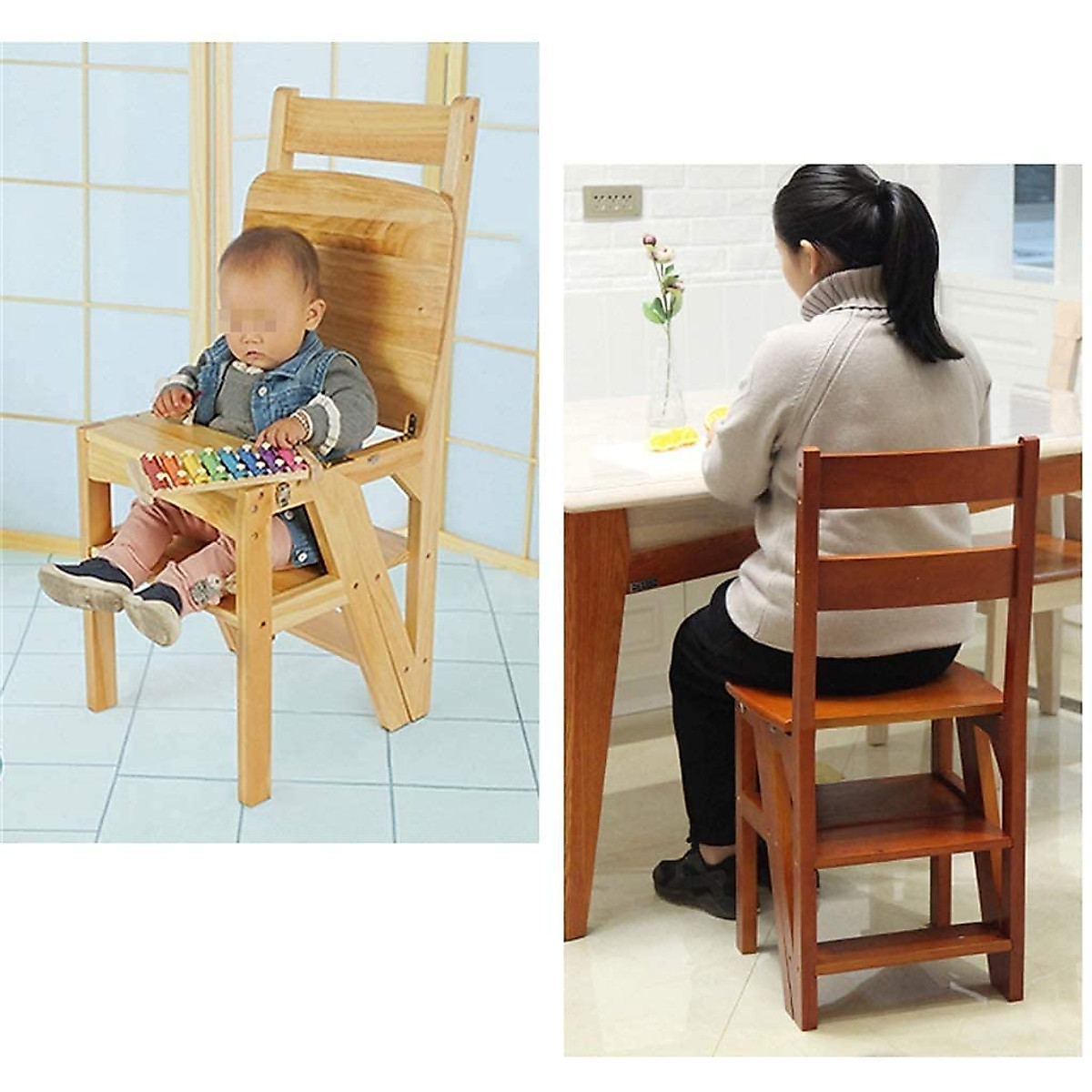 LUCEAE Step Stool Wooden Folding 4 Step Stool Portable Ladder Chair,Multifunctional Step/Stair Chair for Home Library/Closet/Bedroom Balcony