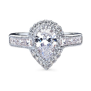 BERRICLE Sterling Silver Halo Wedding Engagement Rings Pear Cut Cubic Zirconia CZ Milgrain Ring for Women, Rhodium Plated Size 6