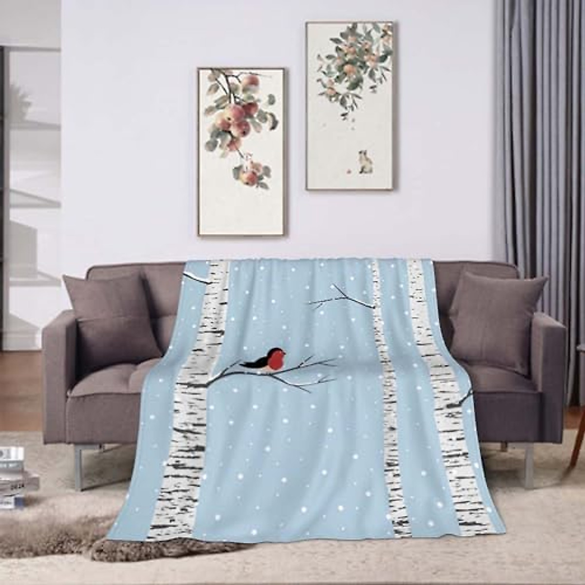 Throw Blanket 40x50 Inch,Birch Bird Red Tree Flannel Soft Cozy Fluffy Throw Blankets and Warm Throws for Adults in Couch Sofa Bed 50x40 Inch