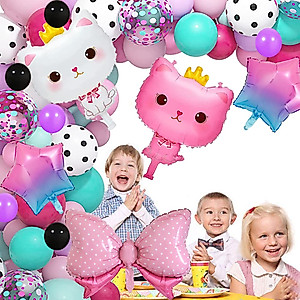 139 PCS Surprise Balloon Garland Arch White Pink Cat Bowknot Stars Heart Foil Balloons for Girls Baby Birthday Baby Shower Wedding Surprise Party Decorations
