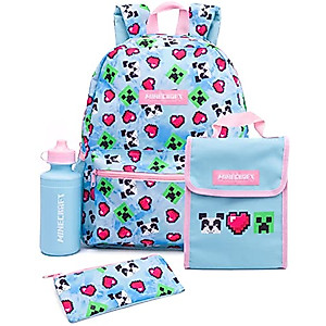 Minecraft Backpack and Lunch Box Set for Girls | Kids 4 Piece Creeper Panda Hearts Blue School Rucksack, Lunch Bag, Pencil Case, Water Bottle One Size, Blue, One Size, Rucksack Backpacks