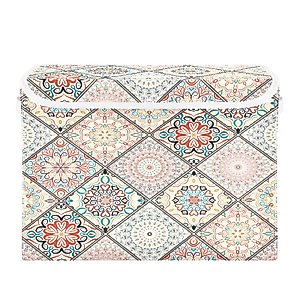 Ollabaky Mexican Mandala Boho Larger Collapsible Storage Bin Fabric Decorative Storage Box Cube Organizer Container Baskets with Lid Handles for Closet Organization, Shelves