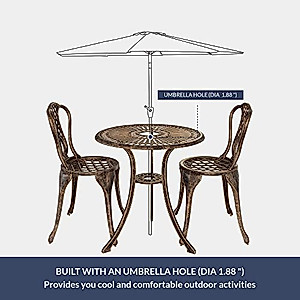 BELLEZE 3 Piece Cast Aluminum Bistro Set, Rust-Resistant Outdoor Patio Metal Bistro Sets Weather Resistant Table and 2 Chairs with Umbrella Hole for Balcony Backyard Garden - Bronze