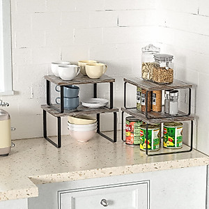 JACKCUBE Design Kitchen Cabinet Shelf Organizer, Countertop Riser, Wood Plate Pantry Shelves Storage, Stackable, Expandable, Metal and Rustic Wood, Set of 2 - MK617A