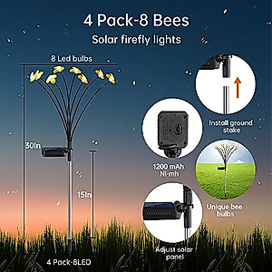 IFNOT Solar Garden Lights, 4 Pack Solar Bee Firefly Lights, 1200mAh Waterproof Solar Swaying Outdoor Lights, Big Bee & Flexible Branch Solar Powered Garden Lights for Patio Pathway Decoration