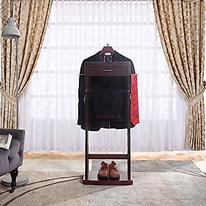 Proman Products Norstar Suit Valet Stand VL36245 with Detachable Hanger, Trouser Bar, Tie Bars, Mirror Tray & Drawer, 20”W x 15” D x 49”H, Mahogany