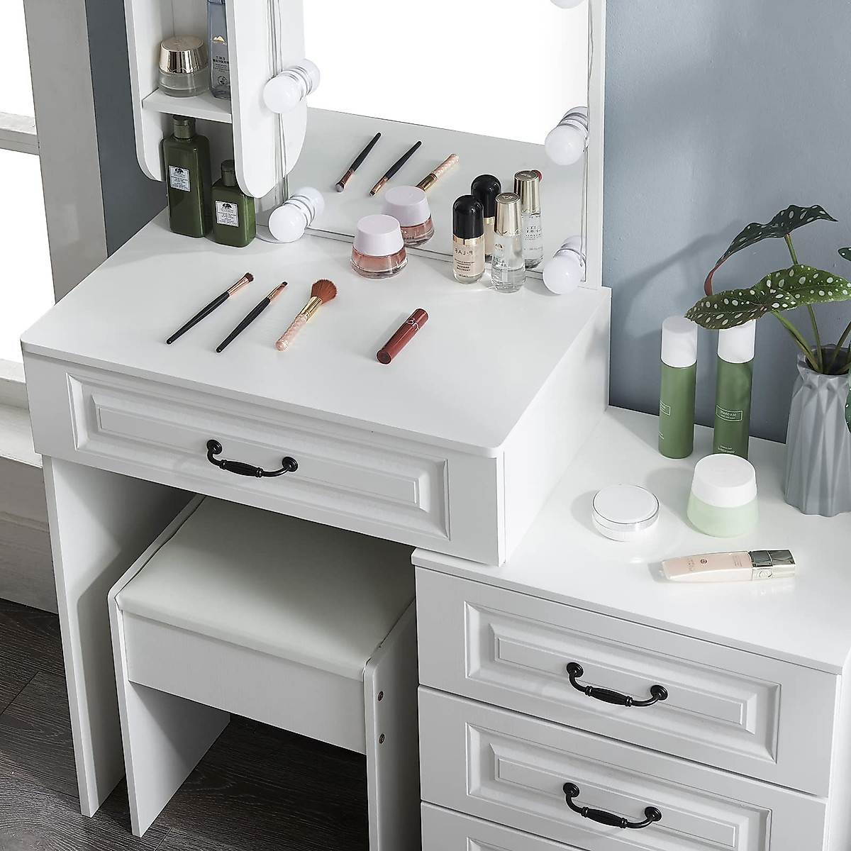 Logimiz Vanity Desk with Mirror and Lights-3 Colors Dimmable Lights, Girls White Vanity Table with Drawers and Chair for Bedroom