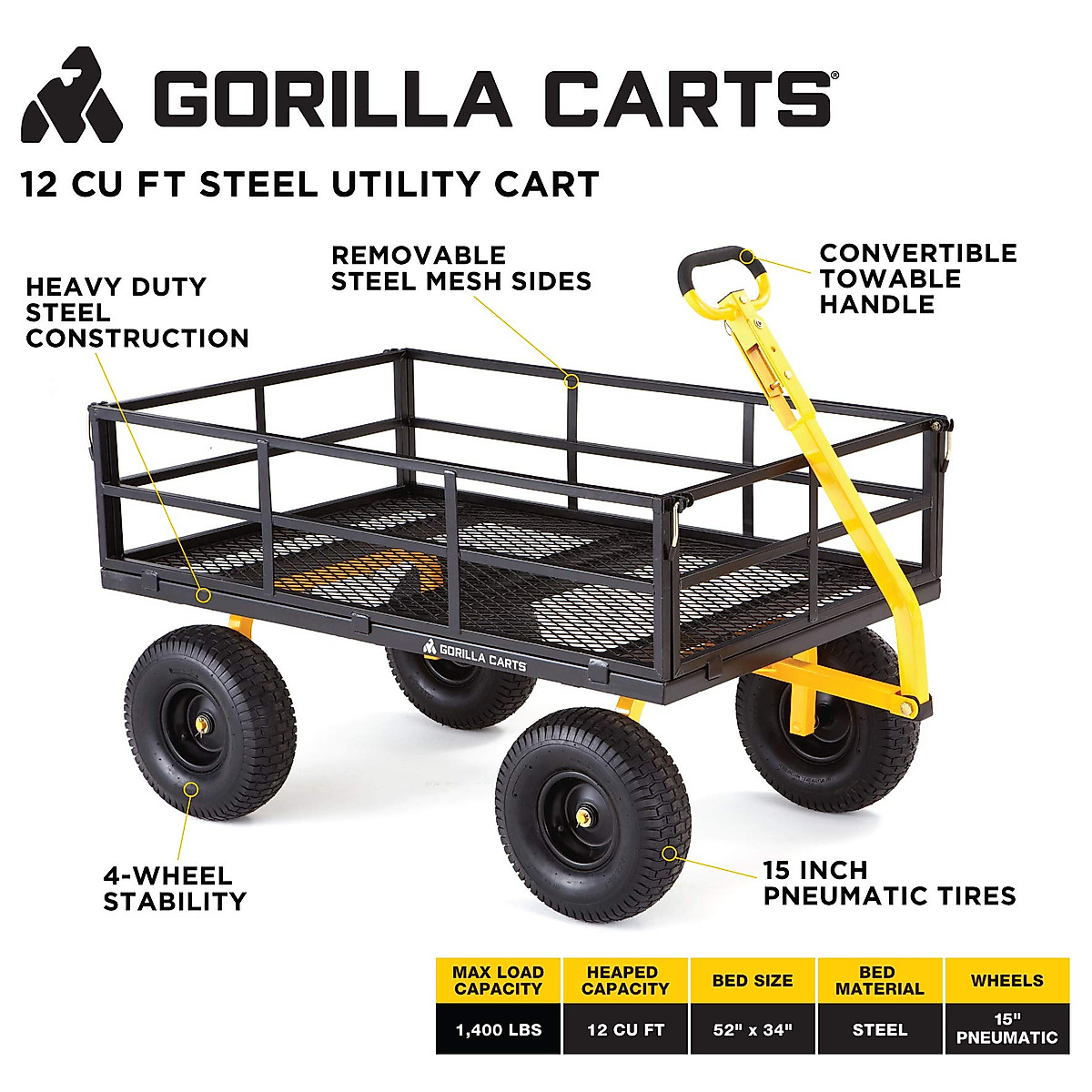 Gorilla Carts GOR1400-COM Heavy-Duty Steel Utility Cart with Removable Sides and 15" Tires, 1400-lbs. Capacity, Black & TR Industrial Forestry Safety Helmet and Hearing Protection System, Yellow