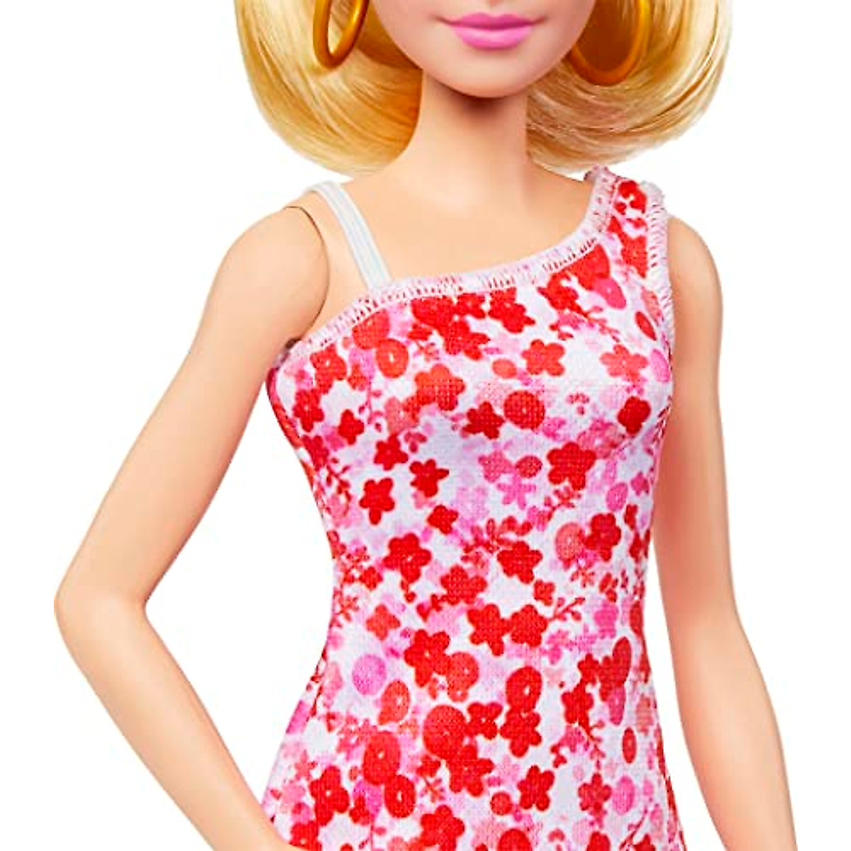 Barbie Fashionistas Doll #205 with Blond Ponytail, Wearing Pink and Red Floral Dress, Platform Sandals and Hoop Earrings