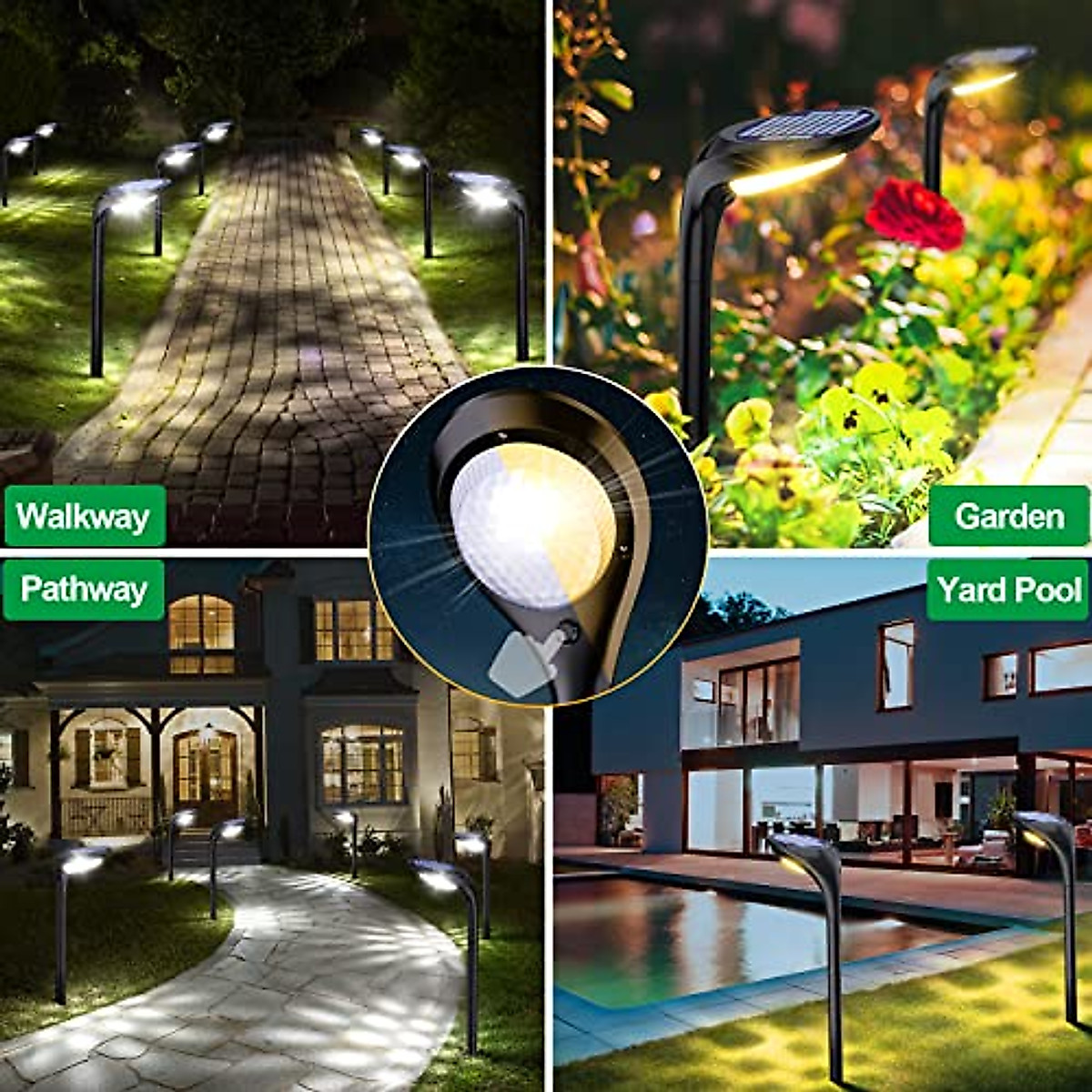 JSOT Solar Garden Lights, 150 Lumen Bright Solar Pathway Lights, Solar Lights Outdoor Waterproof Landscape Lighting for Outside Yard Backyard Path Driveway Walkway, Cool Light & Warm Light, 4 Pack