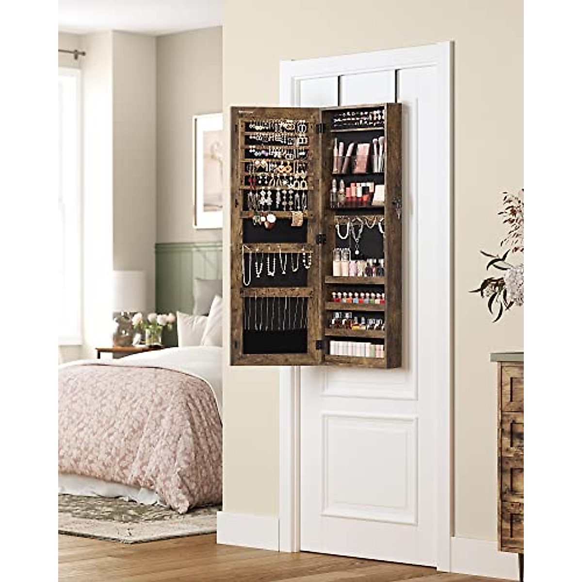 SONGMICS Jewelry Cabinet Armoire, Lockable Wall-Mounted Storage Organizer Unit with 2 Plastic Cosmetic Trays, Full-Length Frameless Mirror, Textured Brown UJJC001X01