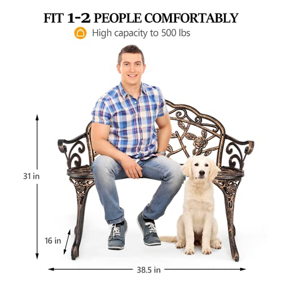 VINGLI 38.5" Patio Park Garden Outdoor Metal Rose Bench,Cast Iron Cast Aluminium Frame Antique Finish Chair,Accented Lawn Front Porch Path Yard Decor Deck Furniture for 2 Person Seat，Bronze