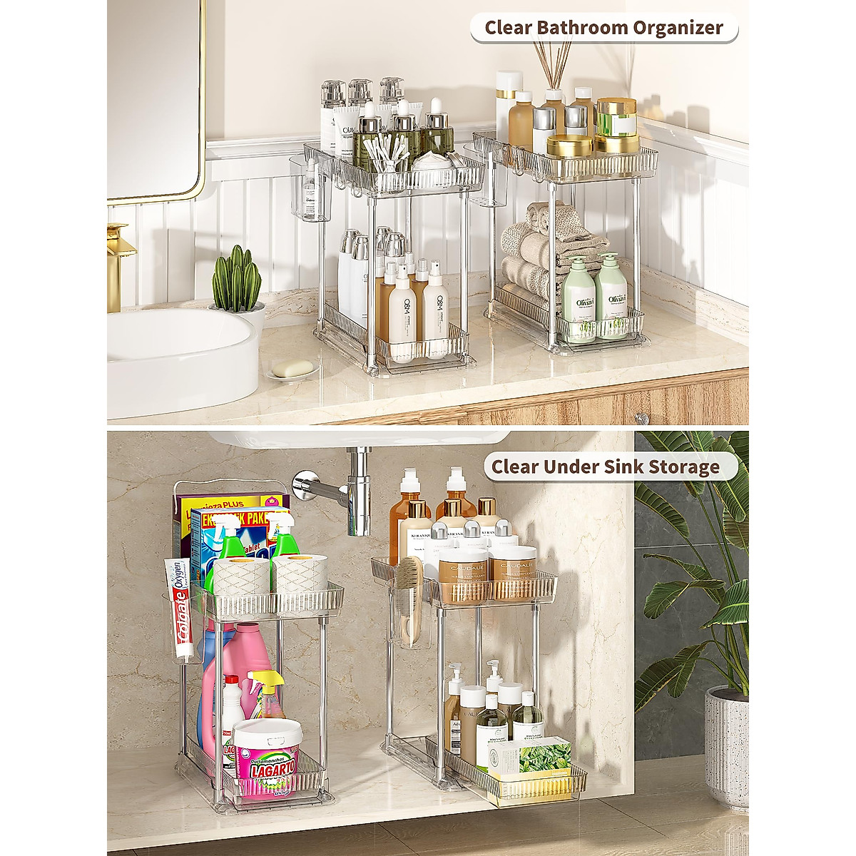 2 Tier Bathroom Cabinet Under Sink Organizers and Storage Clear, Multi-Purpose Kitchen Pantry Organization and Storage, Pull Out Medicine Cabinet Organizer Storage with Movable Dividers & Cups, 2 Set