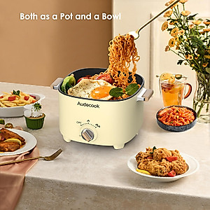 Audecook Hot Pot Electric, 2.5L Portable Nonstick Multicooker for 1-3 Persons, Honeycomb Texture Travel Electric Skillet with Dual Power Temperature Control for Steak/Egg/Noodles/Oatmeal (Beige)