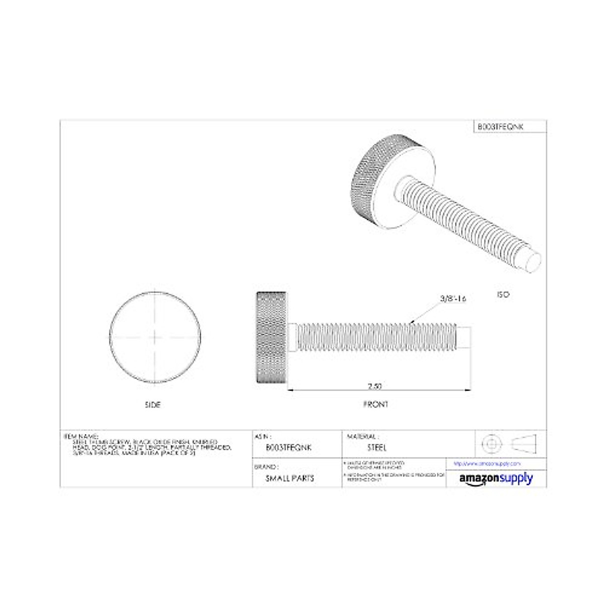 TE-CO 43803 Dog Point Knurled Head Screw Black Oxide, 10-24 Thread x 2" Lg (2-Pack)