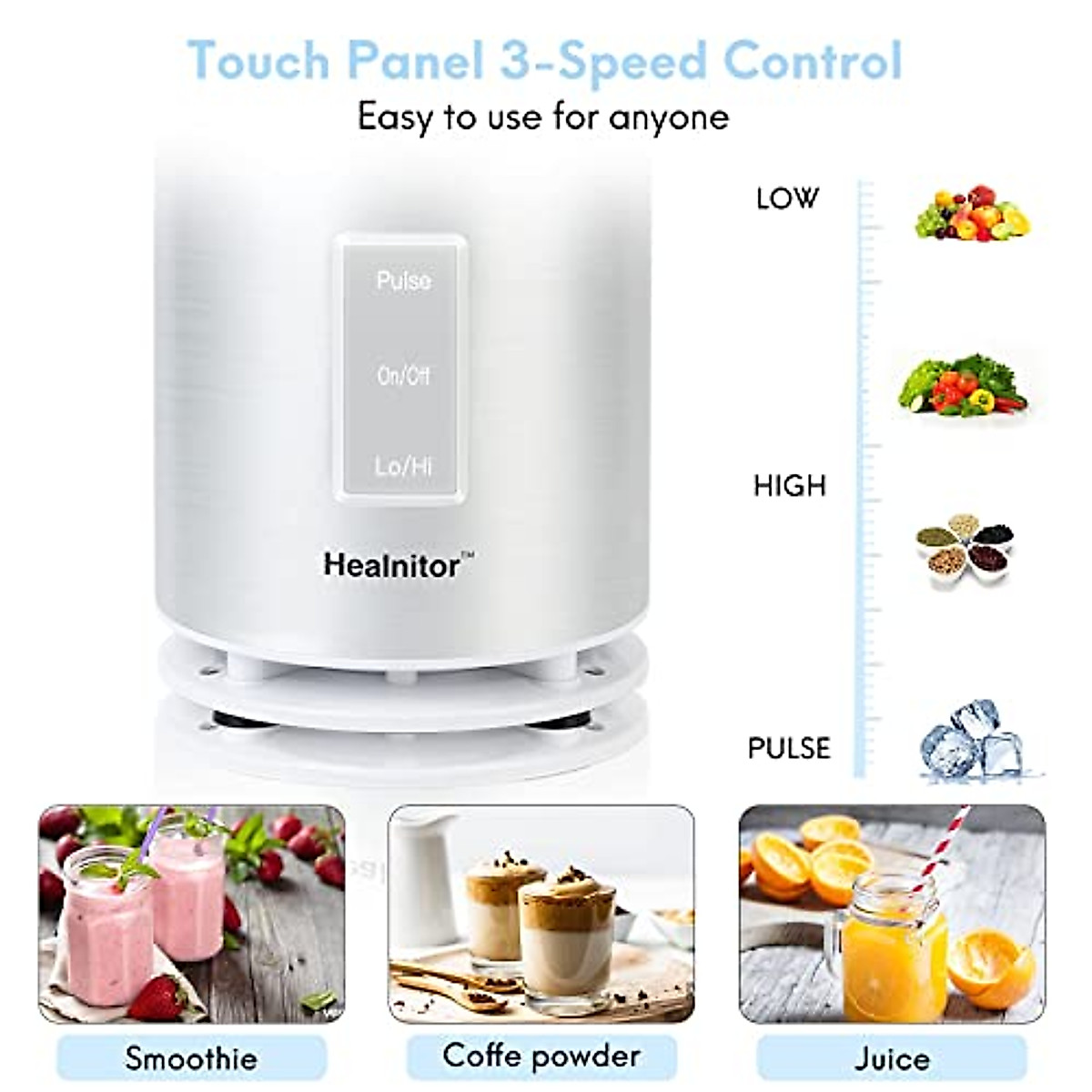 1200W Aluminum 3-Speed Juicer for Shakes and Smoothies, Healnitor Large Size Mixer with Blending and Juicing for Kitchen, Silver