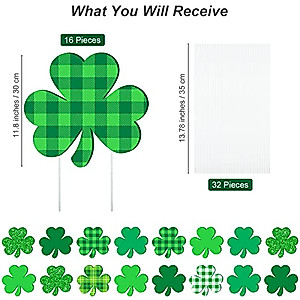 ADXCO 16 Pieces St. Patrick's Day Yard Signs Waterproof Shamrock Yard Signs with Stakes 2 Styles Green Plaid Glitter Outdoor Lawn Walkway Decorations for St. Patrick's Day Party, Home, Garden