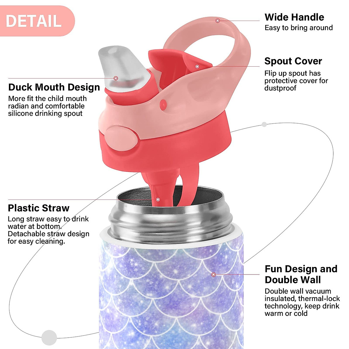 MCHIVER Mermaid Scales Kids Water Bottle with Straw Insulated Stainless Steel Kids Water Bottle Thermos for School Boys Girls Leak Proof Cups 12 oz / 350 ml Pink Top