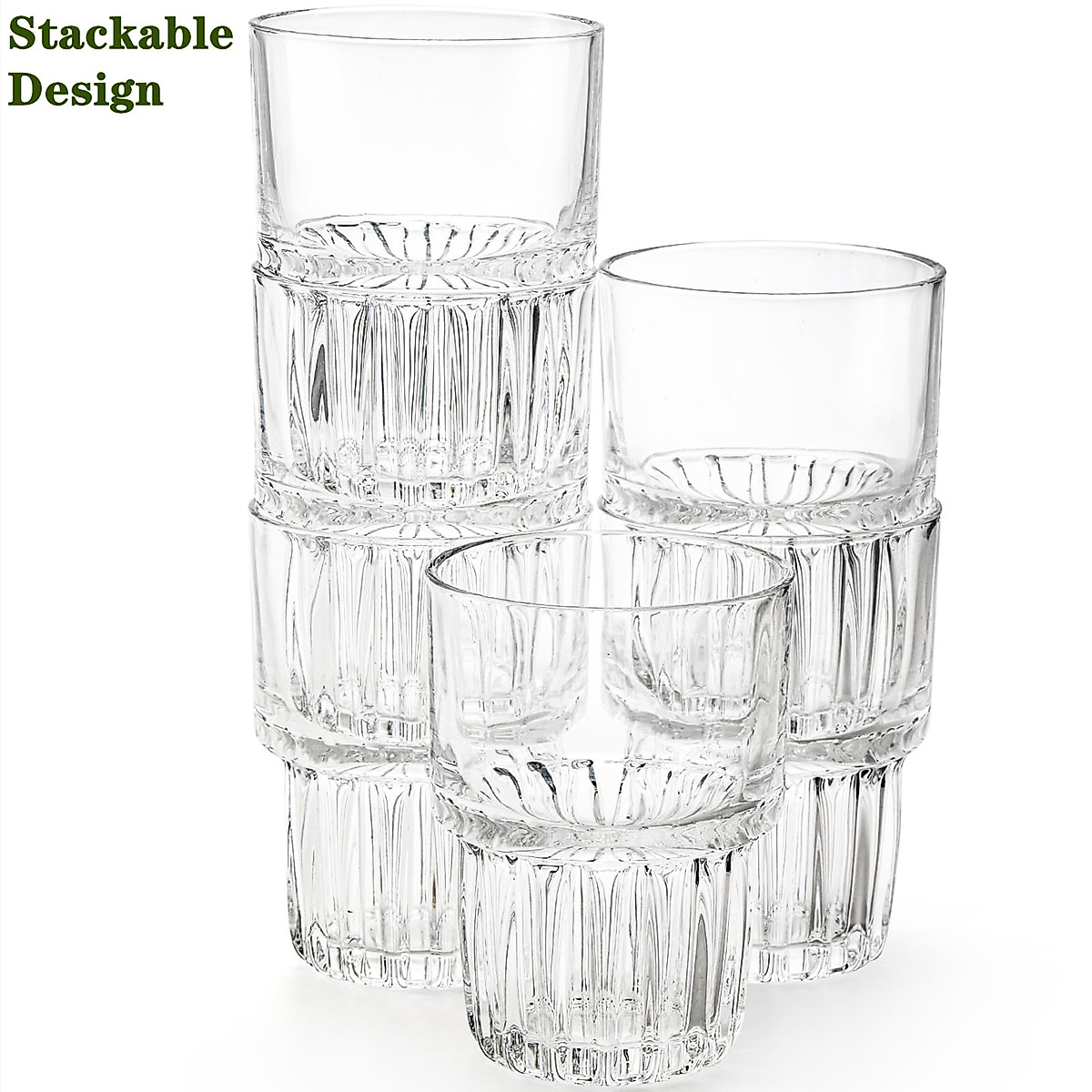 DEAYOU 6 Pack Drinking Glasses Set, 12 OZ Clear Striped Iced Tea Water Glass Cup, Stackable Rocks Glasses, Thick Tempered Glass Tumbler with Heavy Base for Juice, Milk, Cocktail, Spirits, Daily Use
