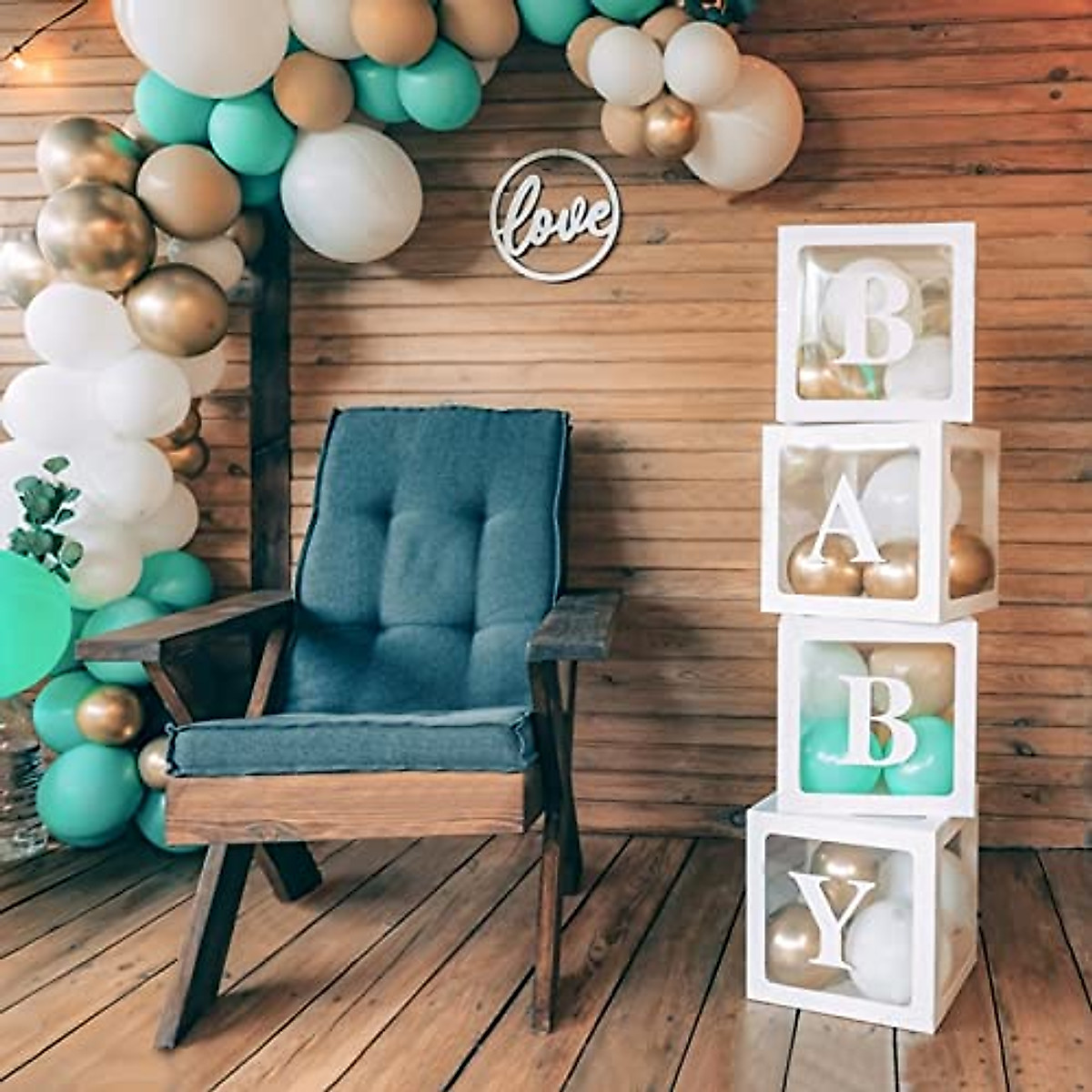 PERPAOL Baby Boxes with Letters for Baby Shower, 4pcs White Clear Balloon Block Box with 8 Letters for Gender Reveal Decorations Birthday Party