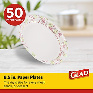 Glad Disposable Paper Plates for All Occasions | Round Soak Proof, Cut Proof, Microwaveable Heavy Duty Disposable Plates | 8.5" Diameter, 50 Count Bulk Paper Plates, Pink Flower Print