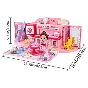 deAO Doll Houses Portable Backpack for Girls with Doll Toy House with Light and Music Baby Dollhouse Furniture for 3 to 8 Years Olds Toddler Kids