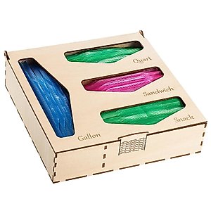 Storage Bag Organizer - Wooden Baggie Organizer for Drawer, Bass Wood - Quart, Snack, Gallon Size, Sandwich Bag Holder - Plastic Bag Organizer with Hinged Lid, Engraved Labels - 11.6x12x3.25"