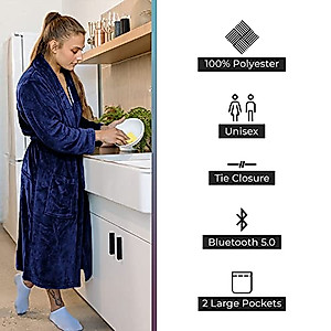 Jammies Bluetooth Robe - Ultra-Plush Unisex Bathrobe with Removable Bluetooth 5.0 Speaker Collar, 100% Polyester, Navy Blue, Medium