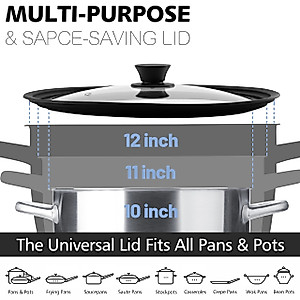 Anaeat Silicone Universal Lid for Pots, Pans and Skillets - Tempered Glass Covered with Heat Resistant Silicone Rim Fits 10", 11" and 12" Diameter Cookware -Easy to Use Replacement Frying Pan Cover